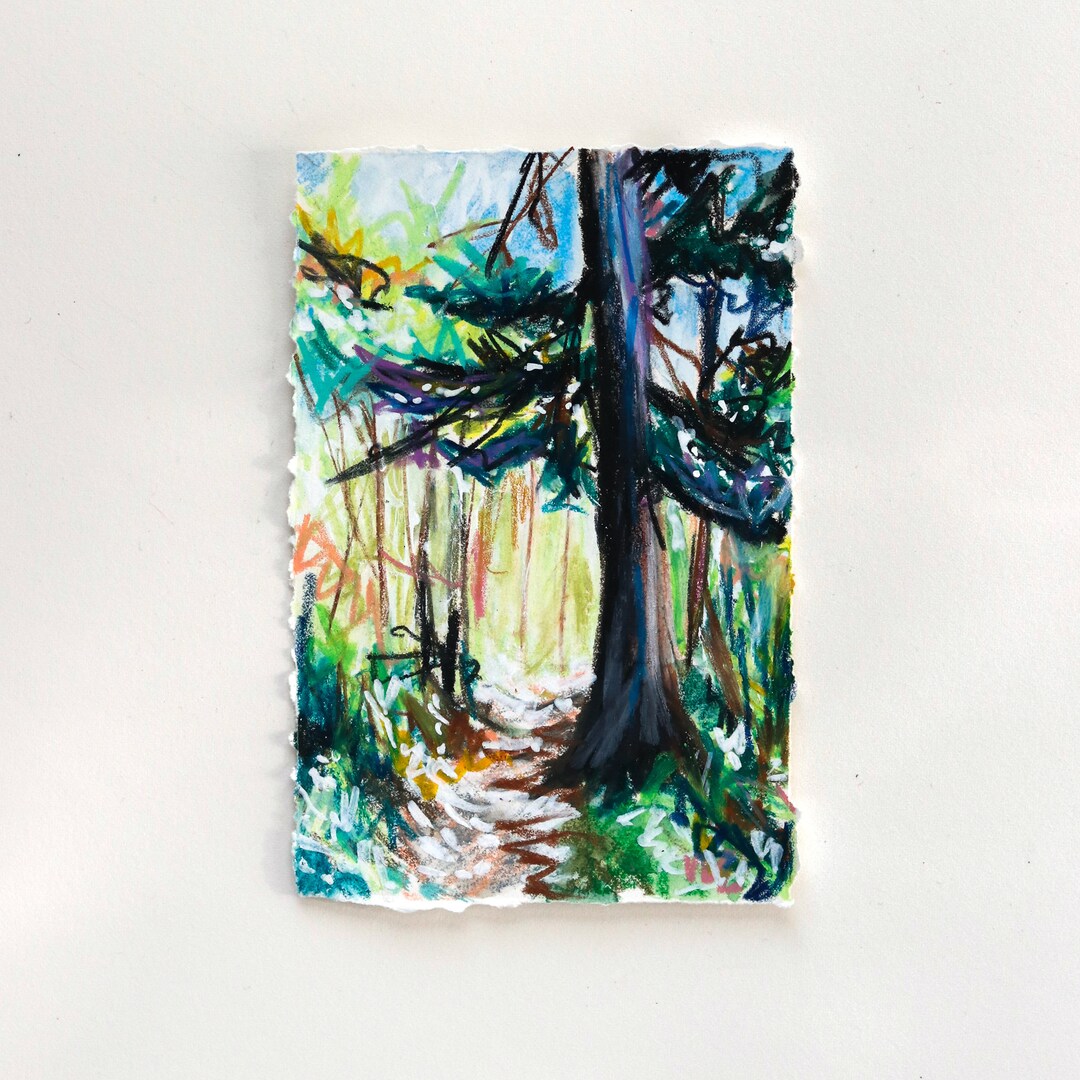 Original Drawing 4x6 Tree Landscape Forest Painting Pine Forest Decor ...