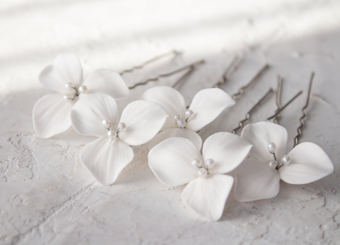 White Porcelain Flower Wedding Hair Pins Headpiece Bridal - Etsy