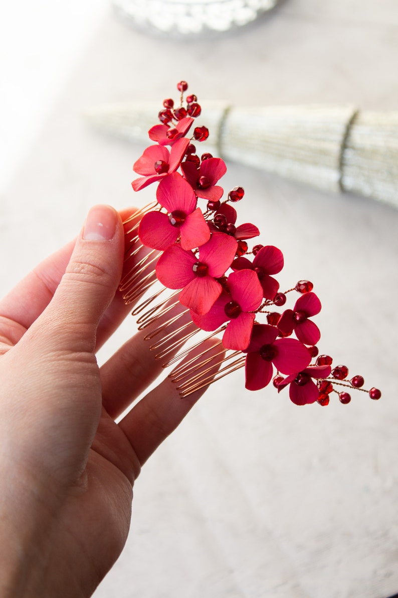 Red Flowers Hair Comb Burgundy Headpiece Bridal Ruby Red - Etsy