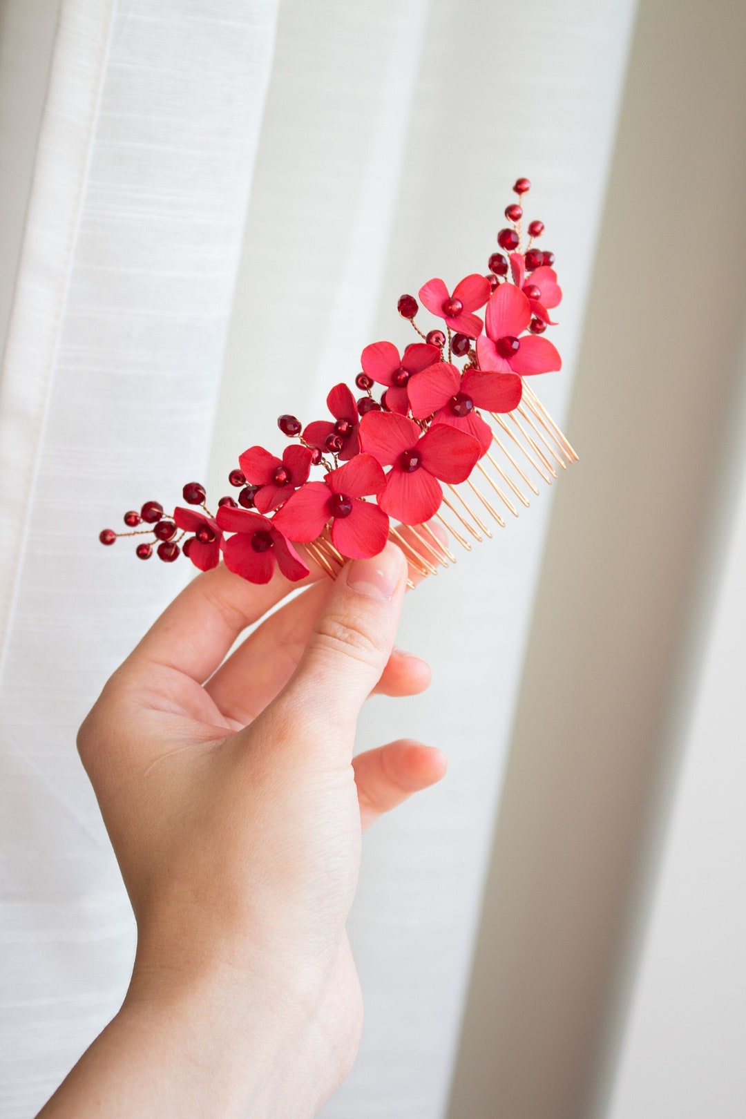 Red Flowers Hair Comb - Burgundy Headpiece Bridal - Ruby Red Flower ...