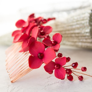 Red Flowers Hair Comb - Burgundy Headpiece Bridal - Ruby Red Flower ...
