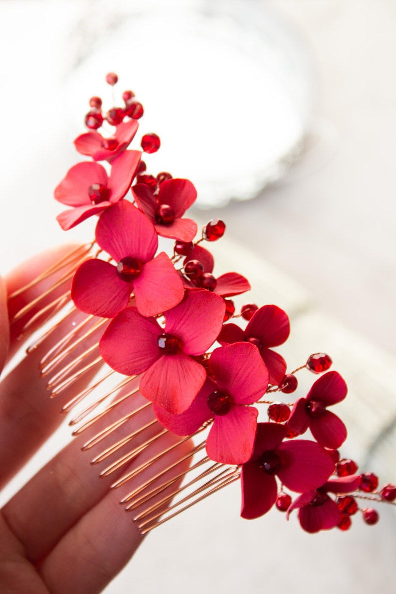 Red Flowers Hair Comb Burgundy Headpiece Bridal Ruby Red - Etsy