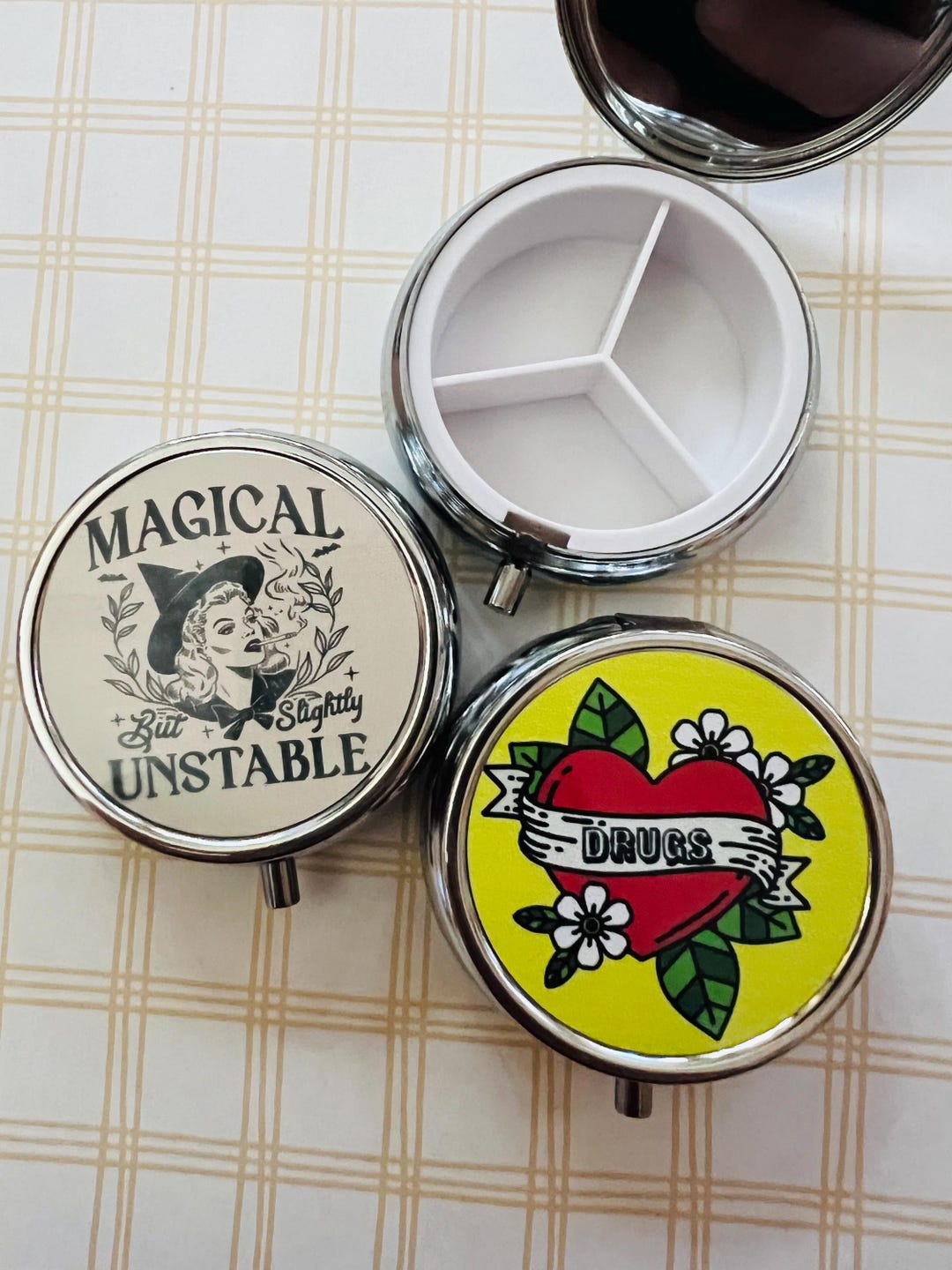 Funny Pill Box: Retro Design Travel Pill Carrier, Tattoo Drig, Magical ...