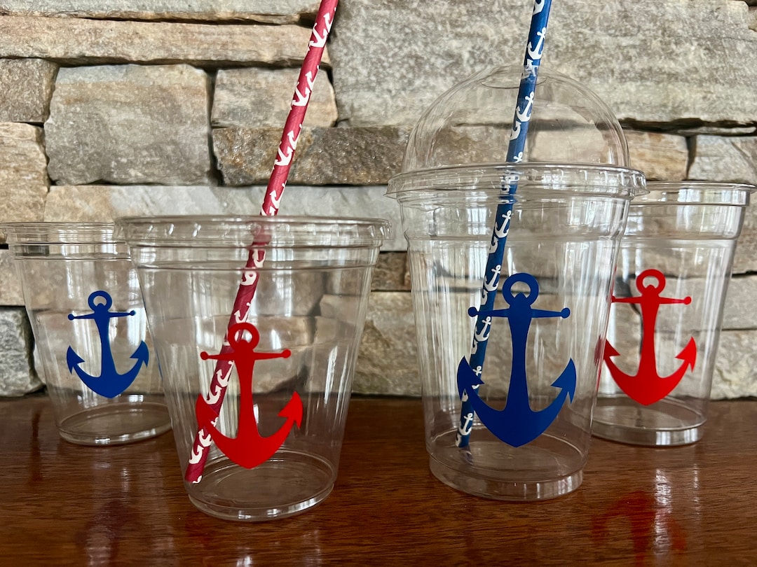 Anchor Party Cups Set: Nautical Disposable Cups With Lids & Straws - Etsy