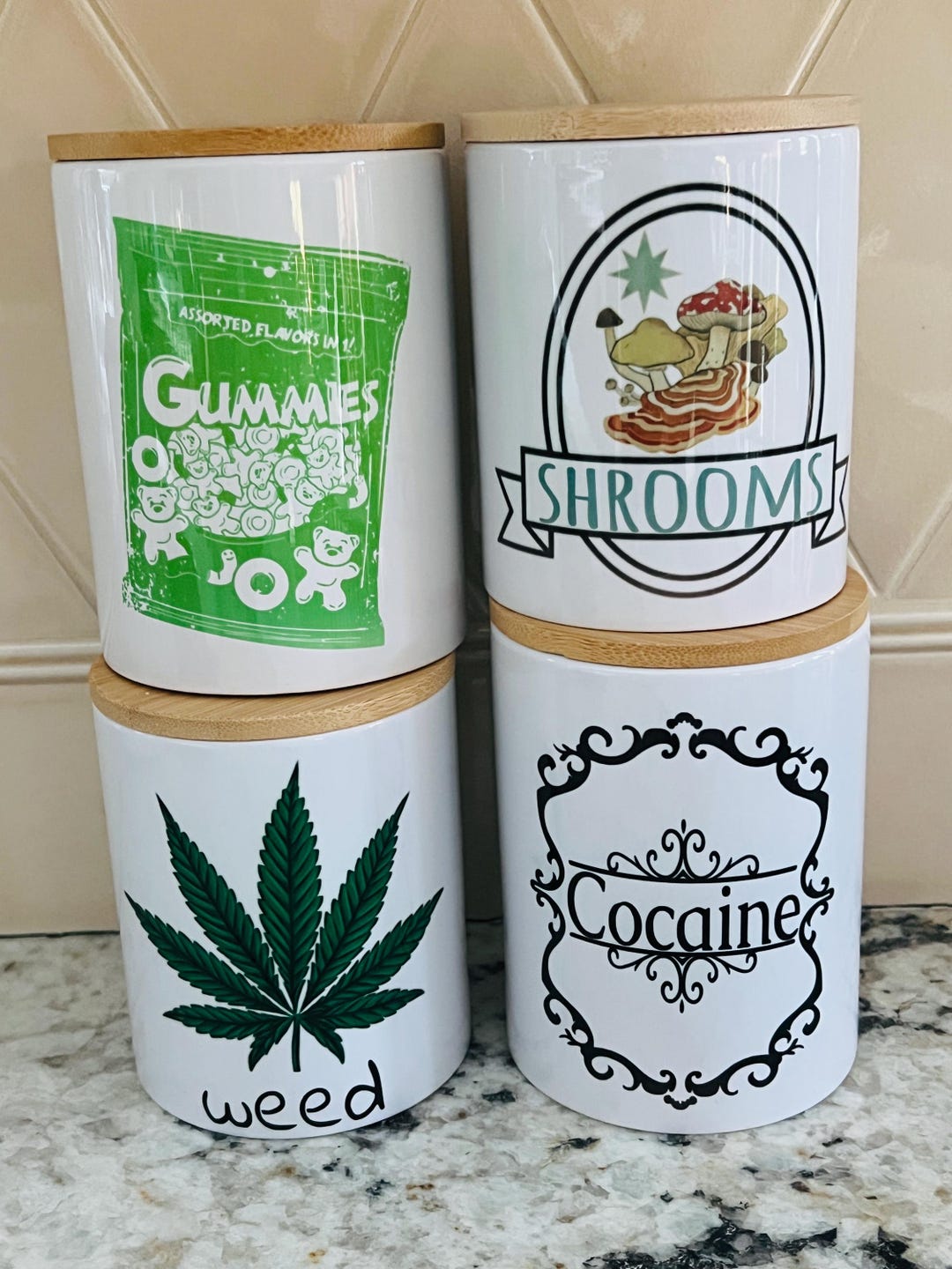 Ceramic Stash Jar With Bamboo Lid: Funny Weed/shrooms Design - Etsy