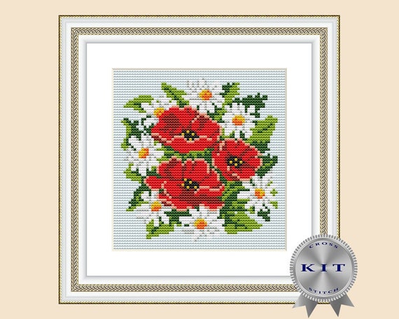 Daisies Poppy Cross Stitch Kit Beginner Small Floral Easy - Etsy