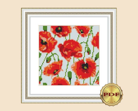 Small Floral Cross Stitch Pattern PDF Poppy Flower Cross | Etsy