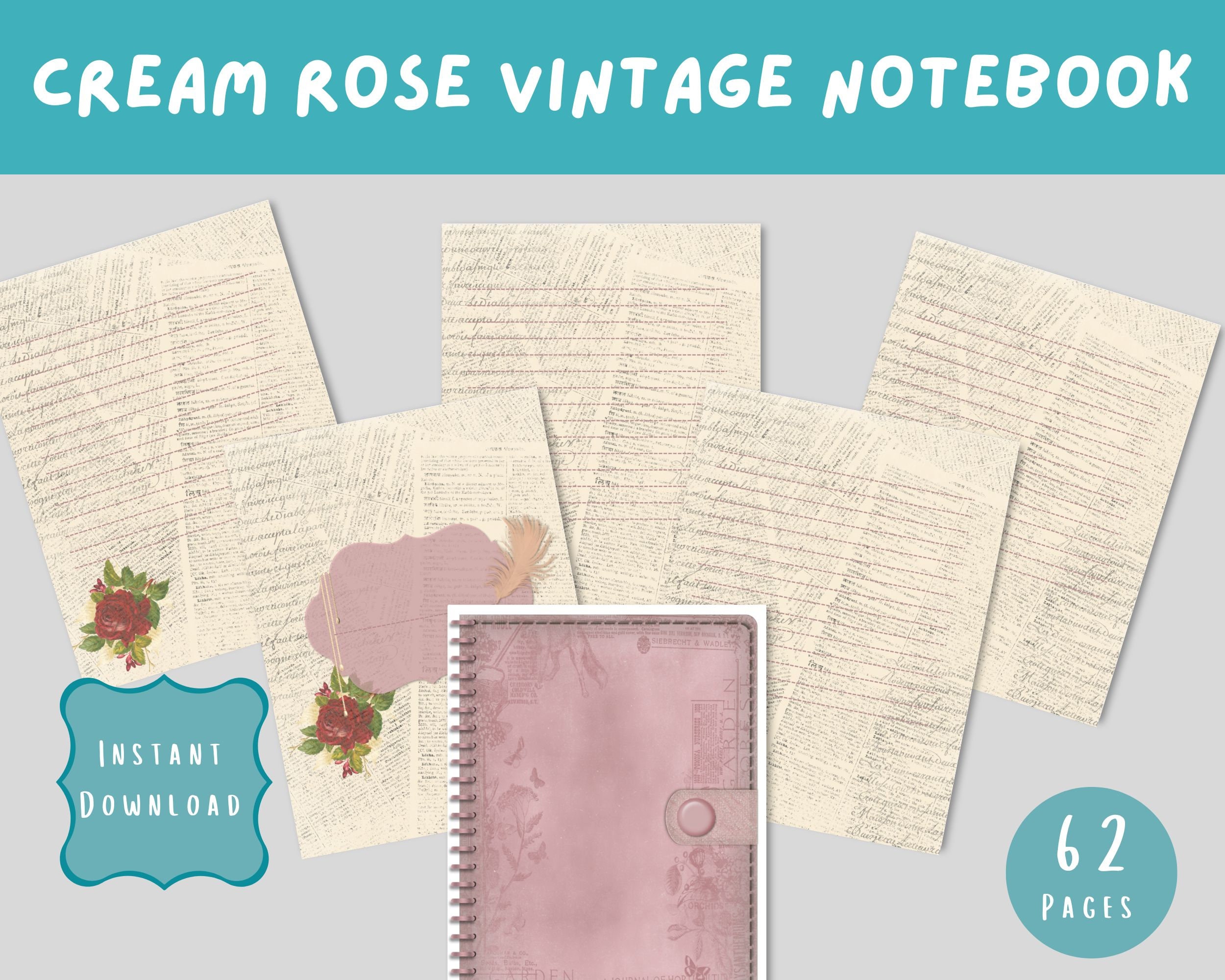 Cream Rose Vintage Printable Notebook, Printable Stationary, Printable ...