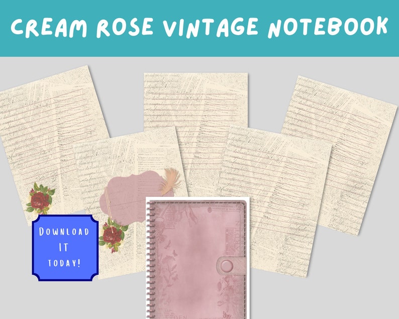 Cream Rose Vintage Printable Notebook, Printable Stationary, Printable ...