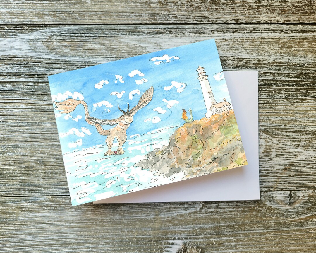 Owl & Mermaid Fantasy Art,fantasy Greeting Card,lighthouse Watercolor ...