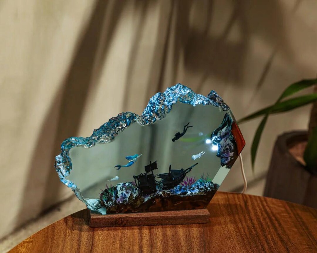 Little Mermaid & Human Epoxy Resin Wood Night Light, Large Epoxy Resin ...