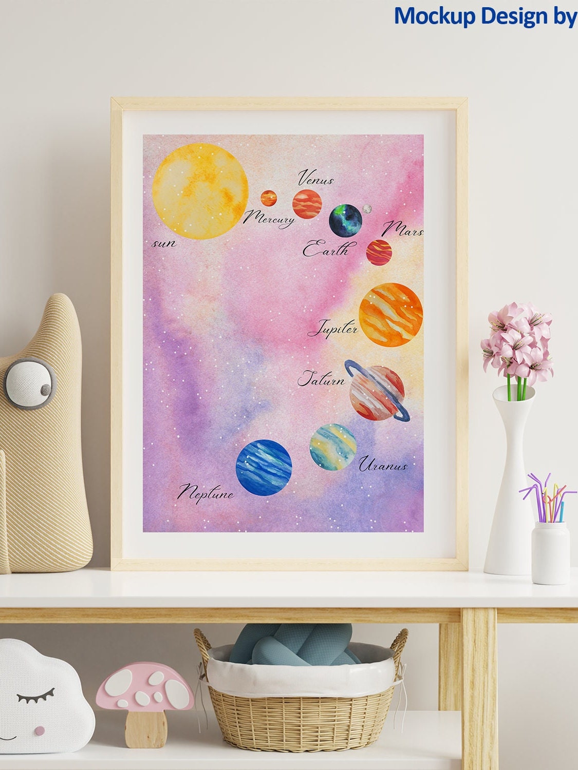 Solar System Print, Pink Playroom Wall Art, Space Nursery Print ...