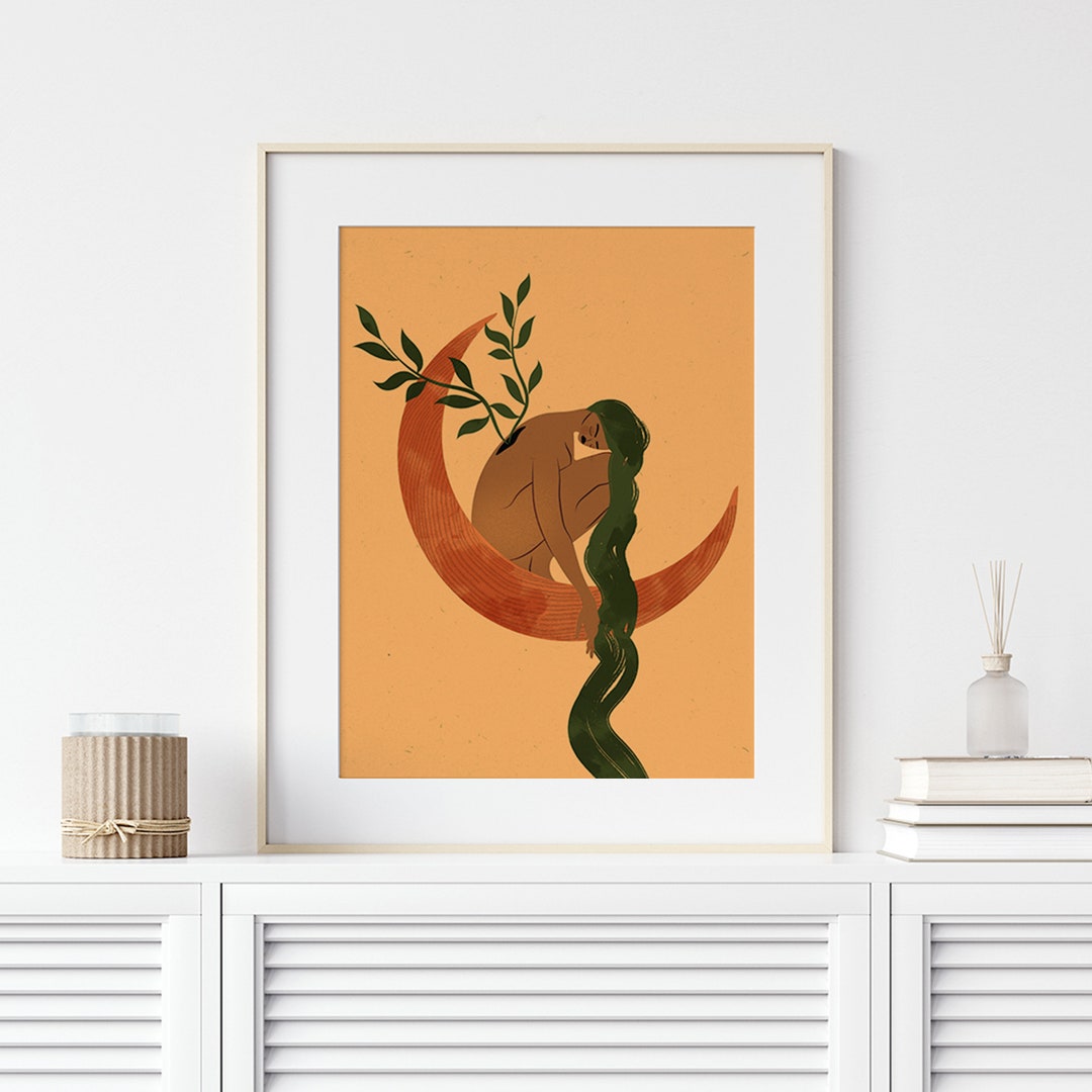 Girl on Moon Botanical Woman With Moon Feminine Silhouette Illustration ...