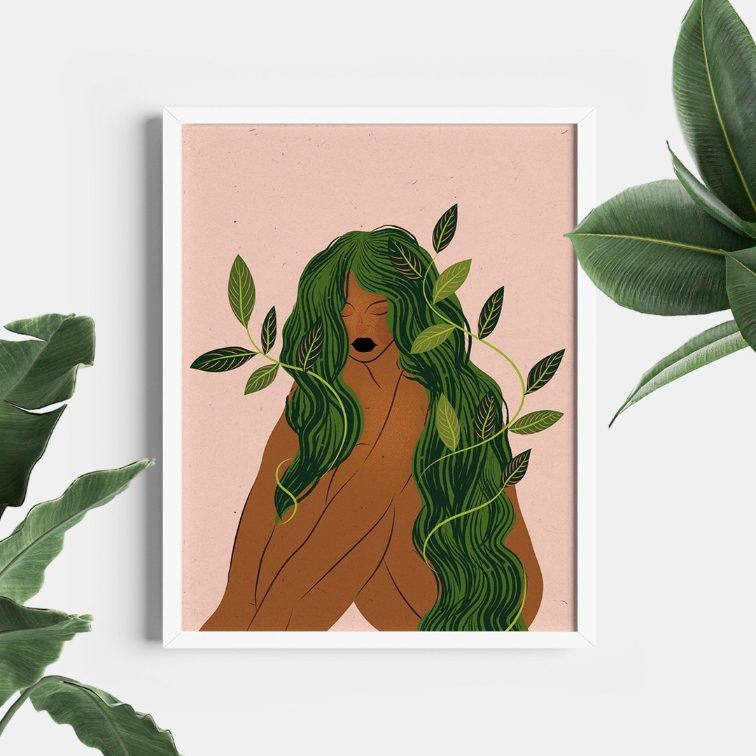 Surrender Botanical Woman With Green Hair Feminine Energy Illustration ...
