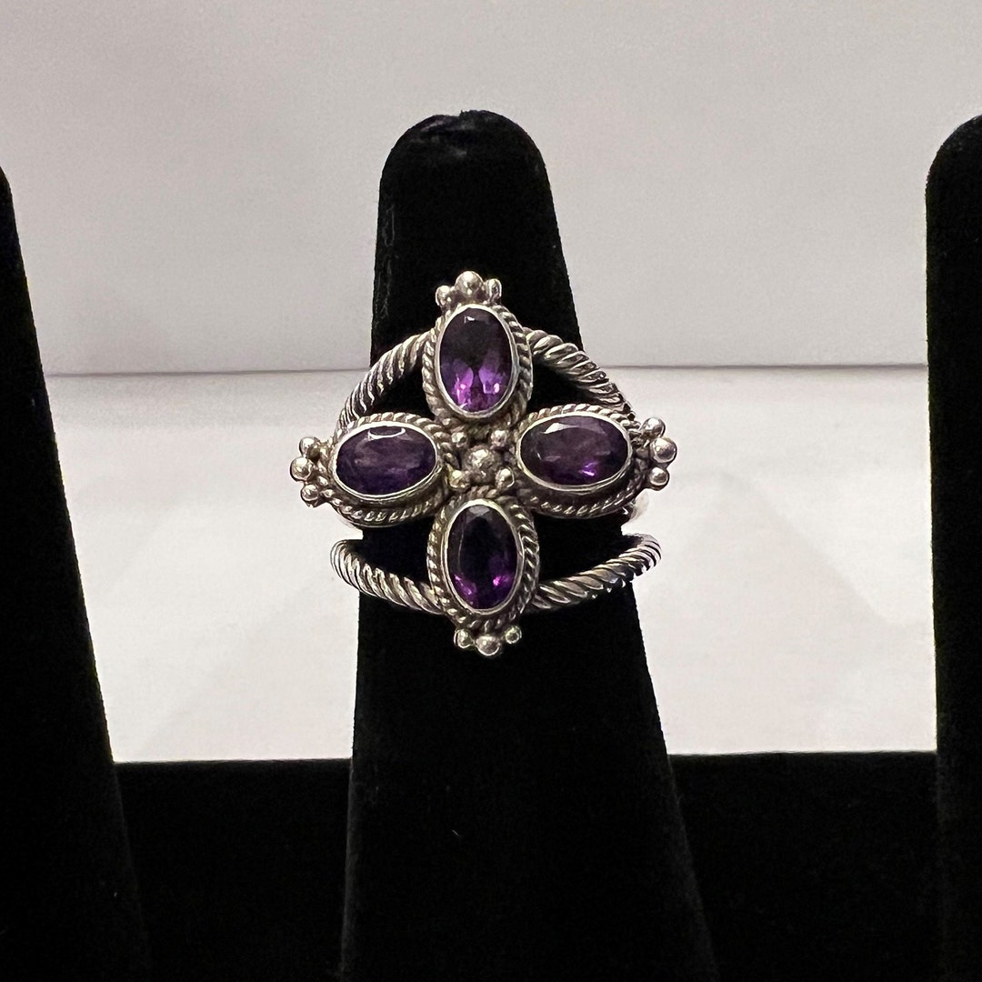 Vintage Artisan Sterling Silver 925 Four Petal Amethyst Flower Ring ...