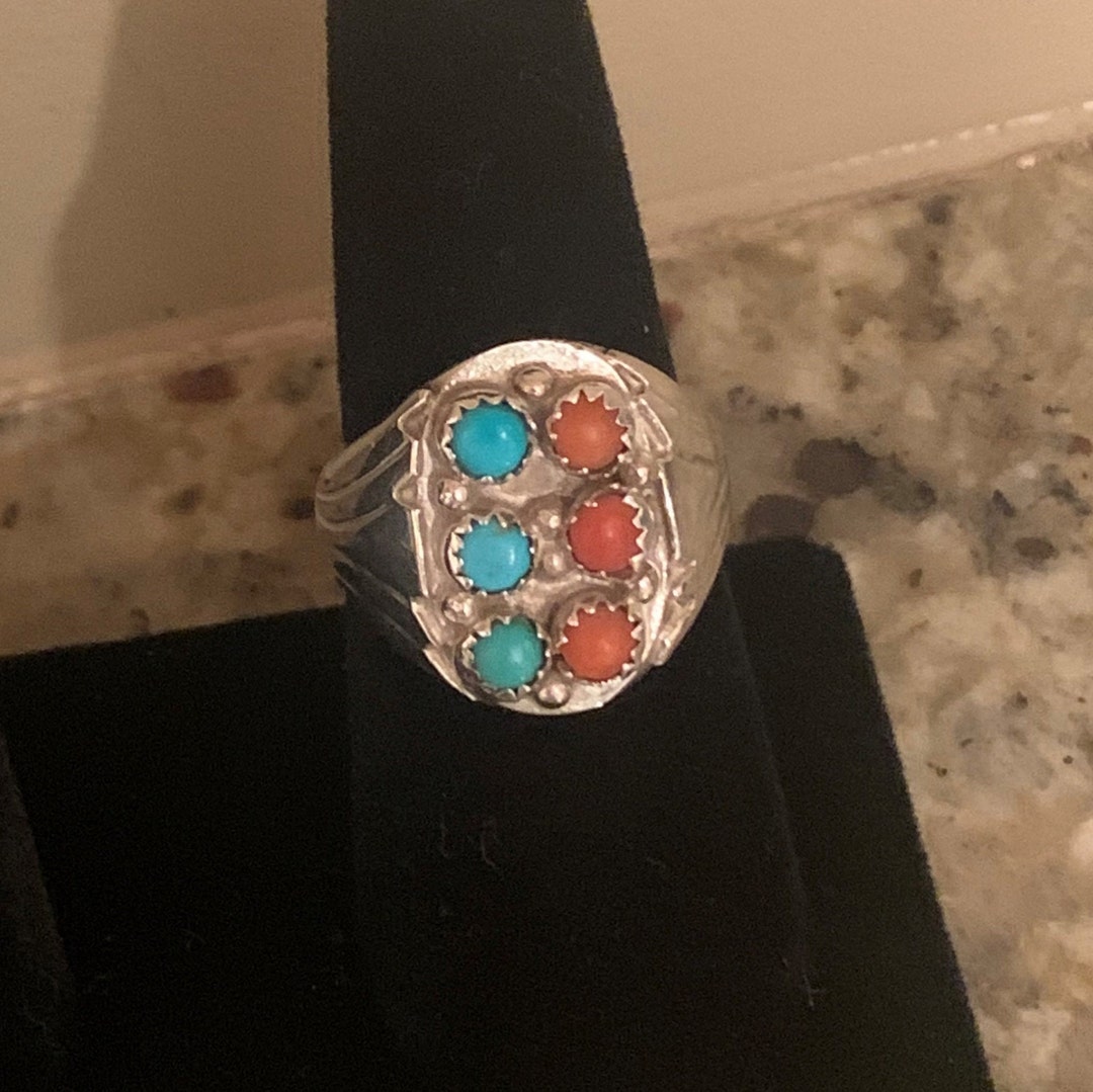 Native American Sterling Silver 926 Hallmarked Turquoise and Coral Ring ...