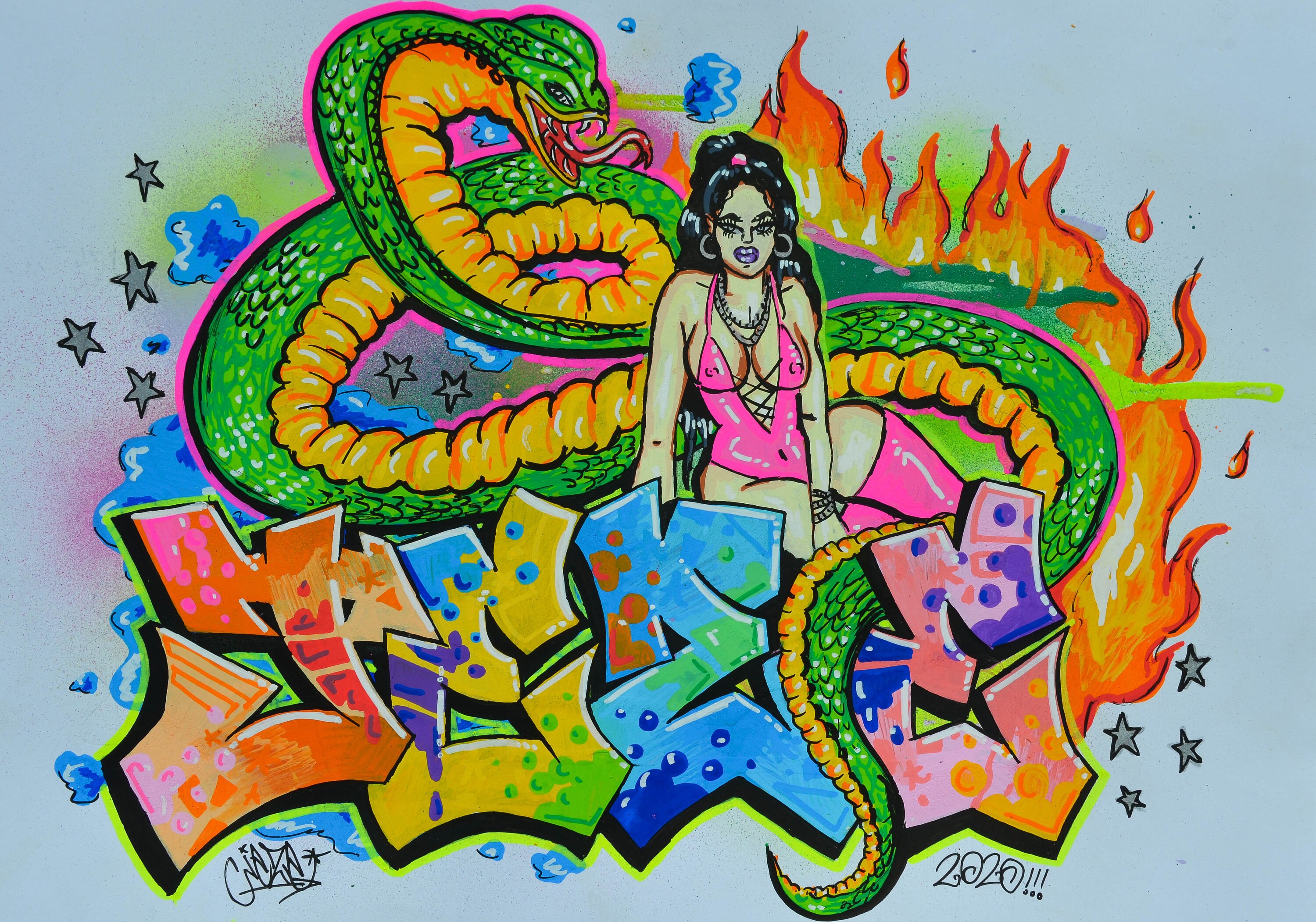 Neon Graffiti Snake Female Pin up Tattoo Illustration Urban - Etsy UK