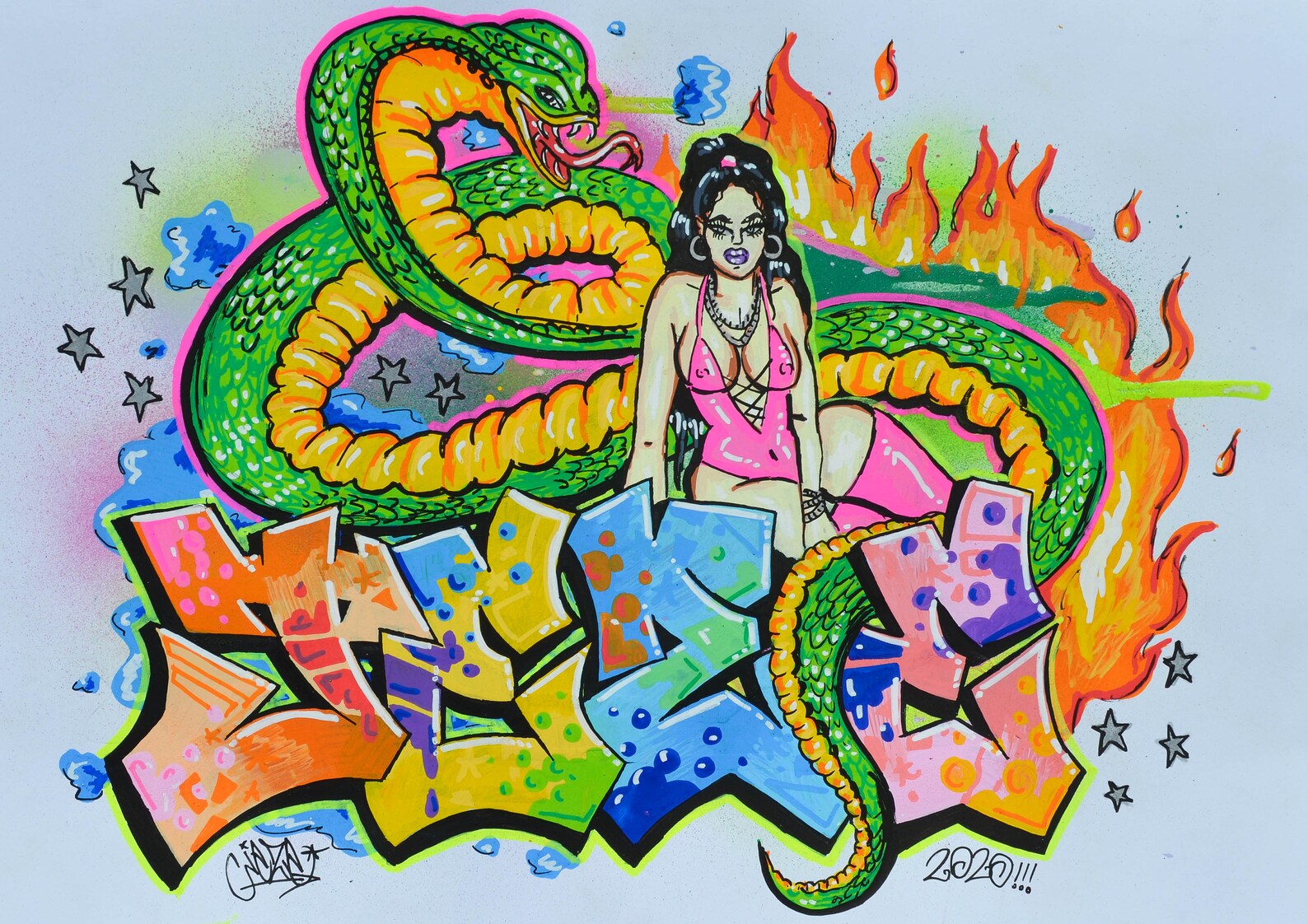 Neon Graffiti Snake Female Pin up Tattoo Illustration Urban - Etsy UK