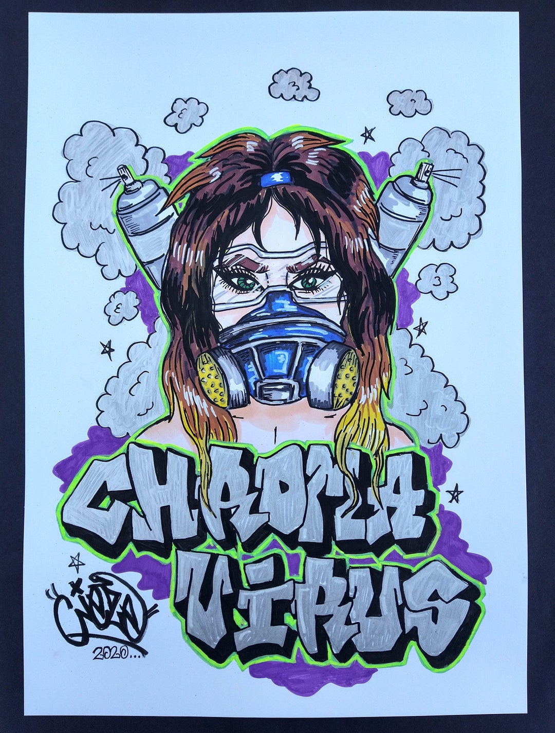 Urban Graffiti Gas Mask Spray Paint Female Chrome Purple Neon Green ...