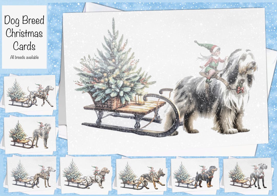 5pk Elf Fantasy Dog Breed Christmas Cards/dog Sleigh Christmas Cards ...