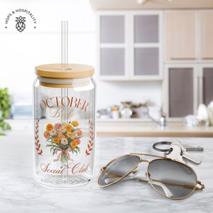 October Babe Social Club Glass, Birth Month Flower Iced Coffee Cup for ...