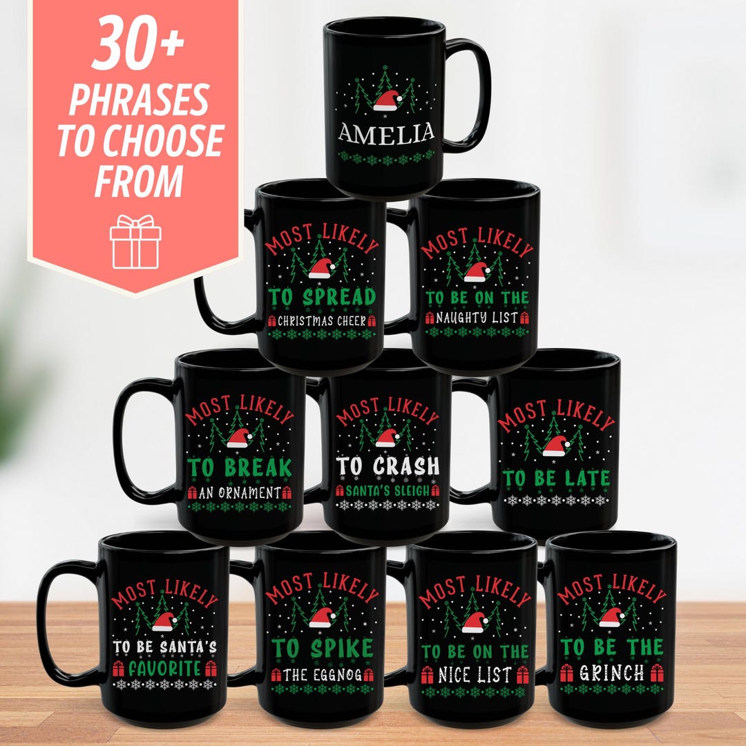 Christmas Most Likely to Mugs Personalized Christmas White Elephant Gag ...