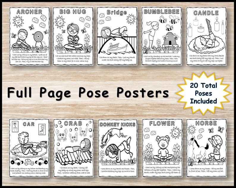 Kids Yoga Pose Coloring Pages Set, Mindfulness Coloring Posters, Calm ...