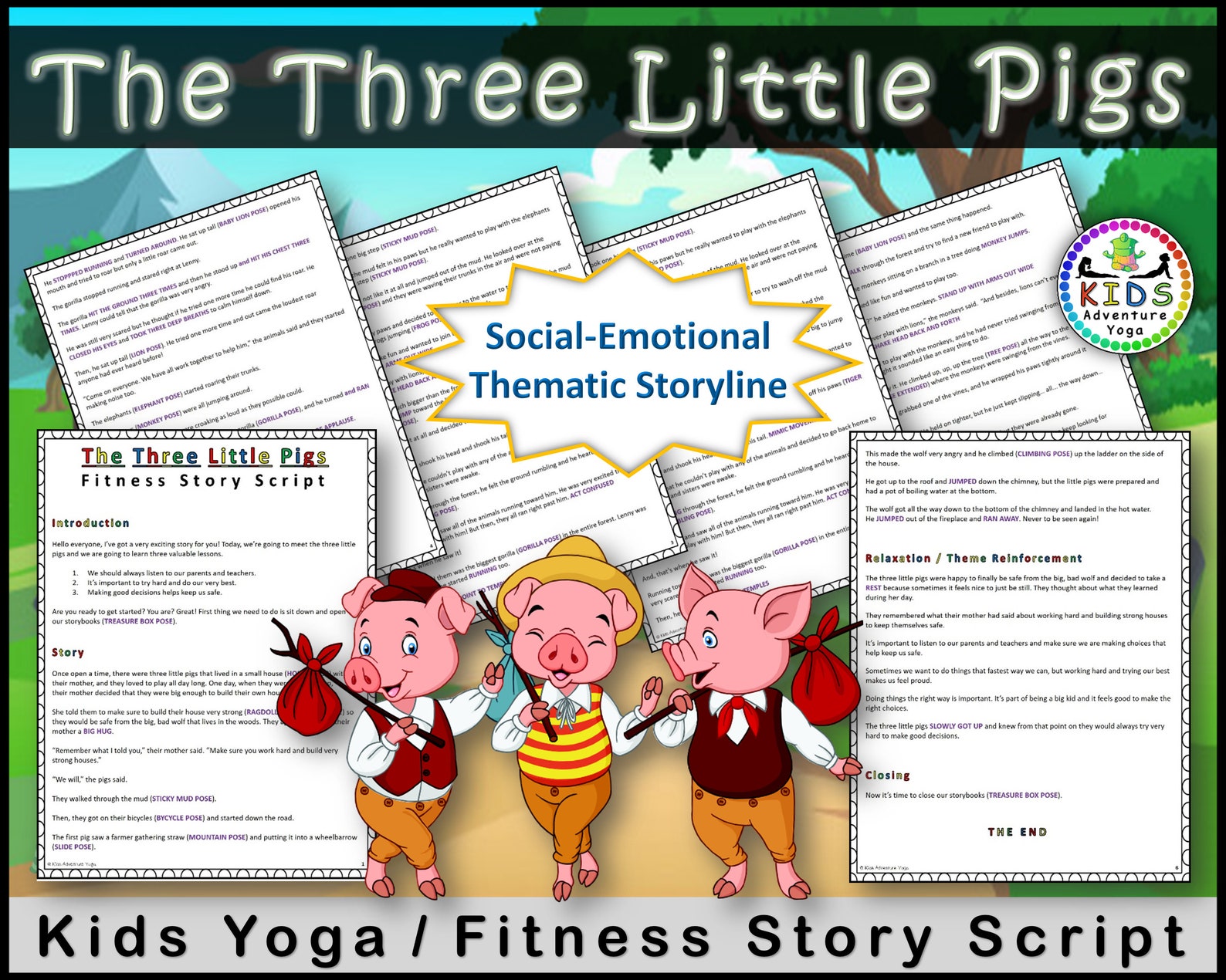 The Three Little Pigs Kids Yoga / Fitness Fairy Tale Story Script ...
