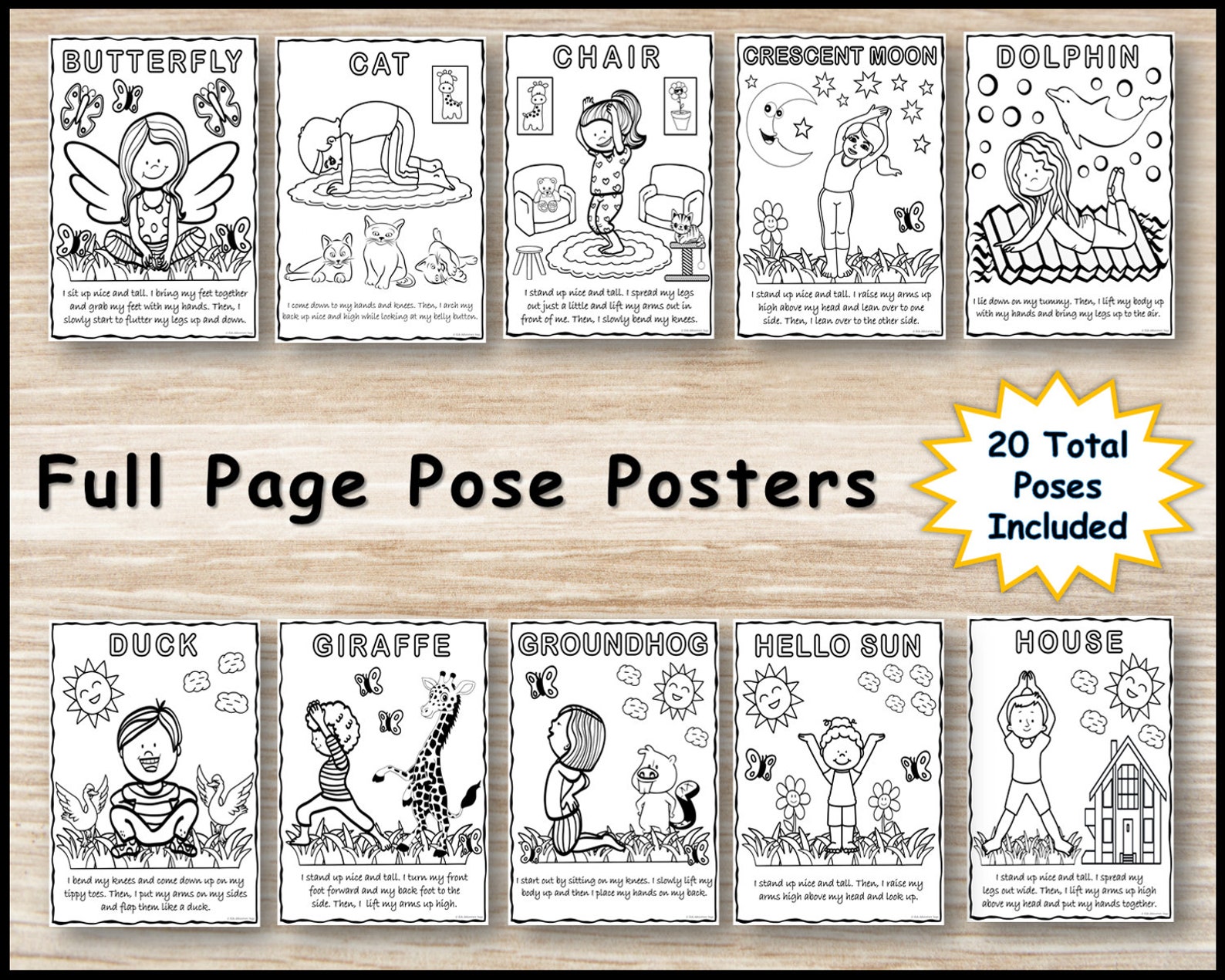 Kids Yoga Pose Coloring Pages Set, Mindfulness Coloring Posters, Calm ...