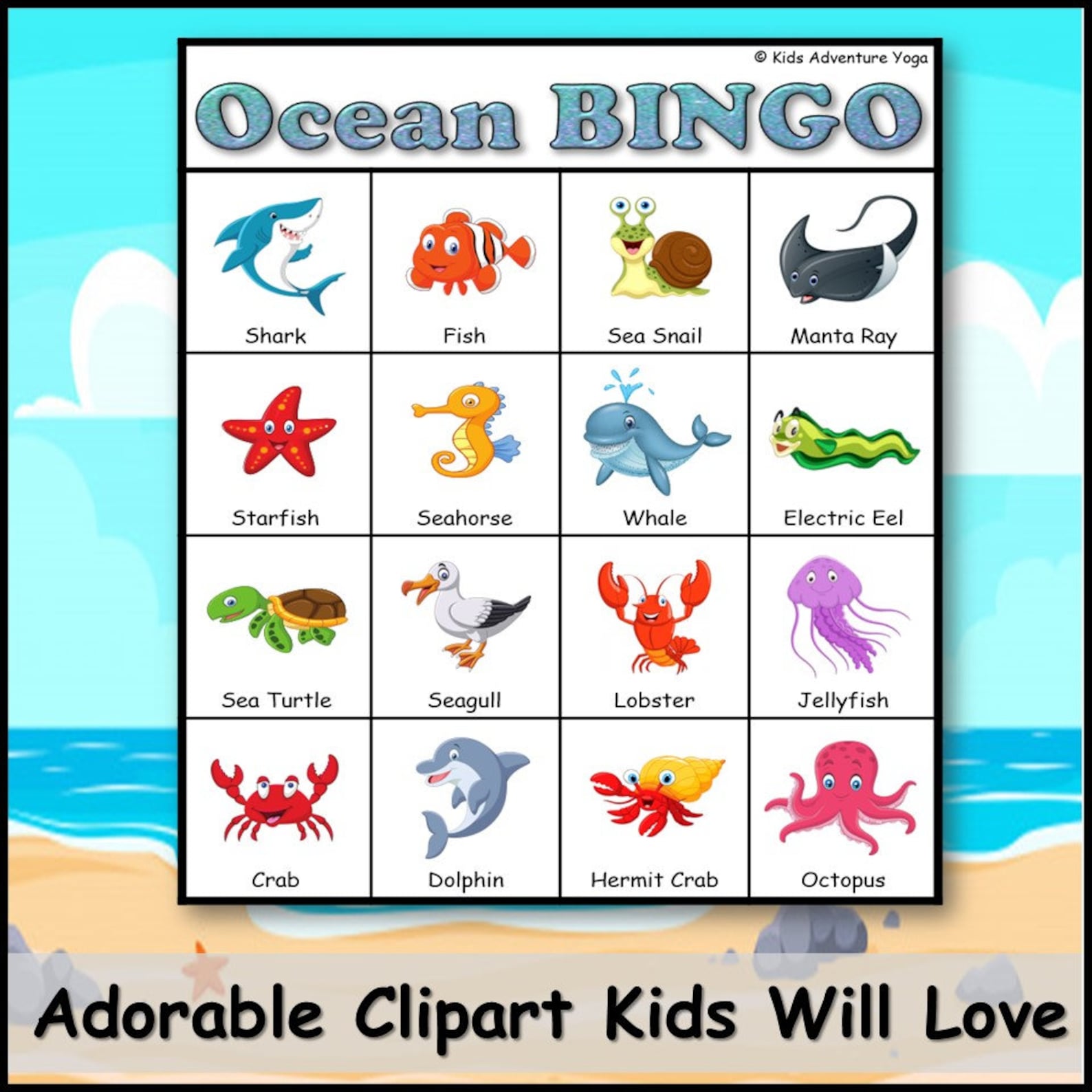Ocean Bingo Game With Kids Yoga Poses Included for Active - Etsy