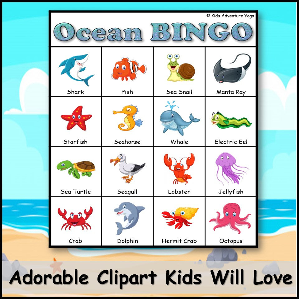 Ocean Bingo Game With Kids Yoga Poses Included for Active Movement ...
