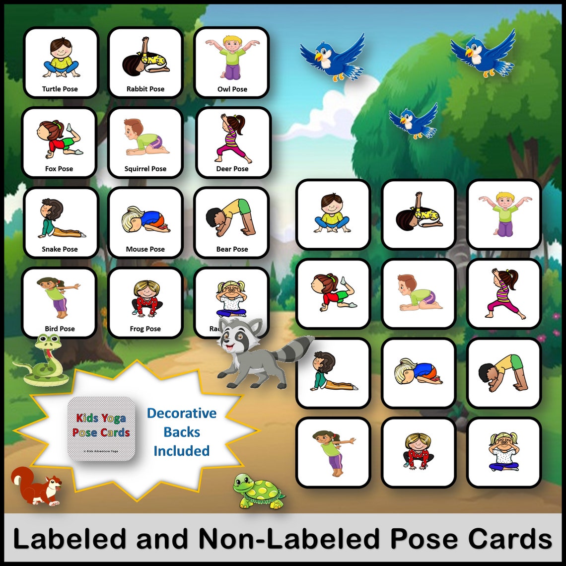 Forest Animals Kids Yoga Games and Activities Set, Coloring Pages ...