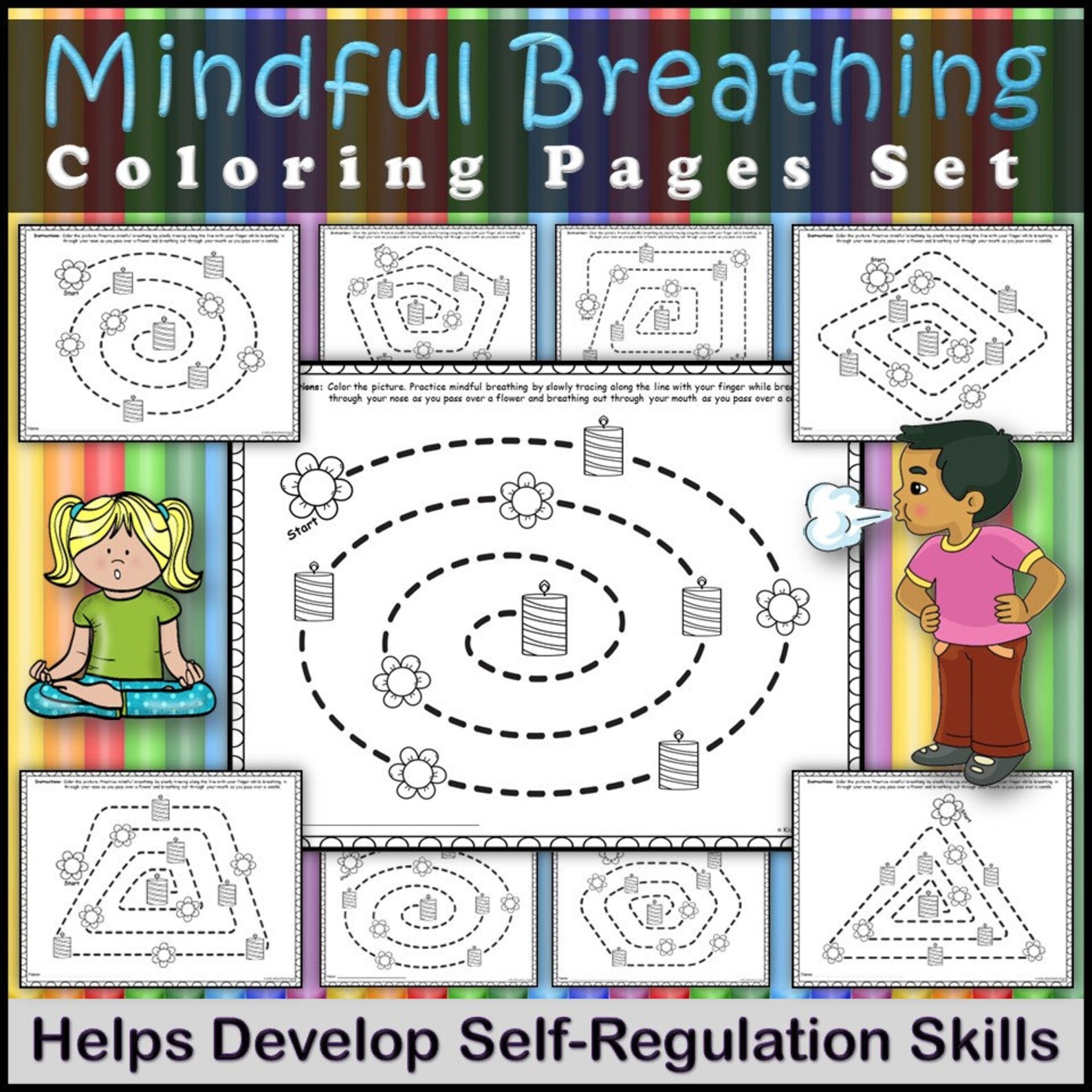Mindfulness Breathing Coloring Pages for Self-regulation, Finger ...