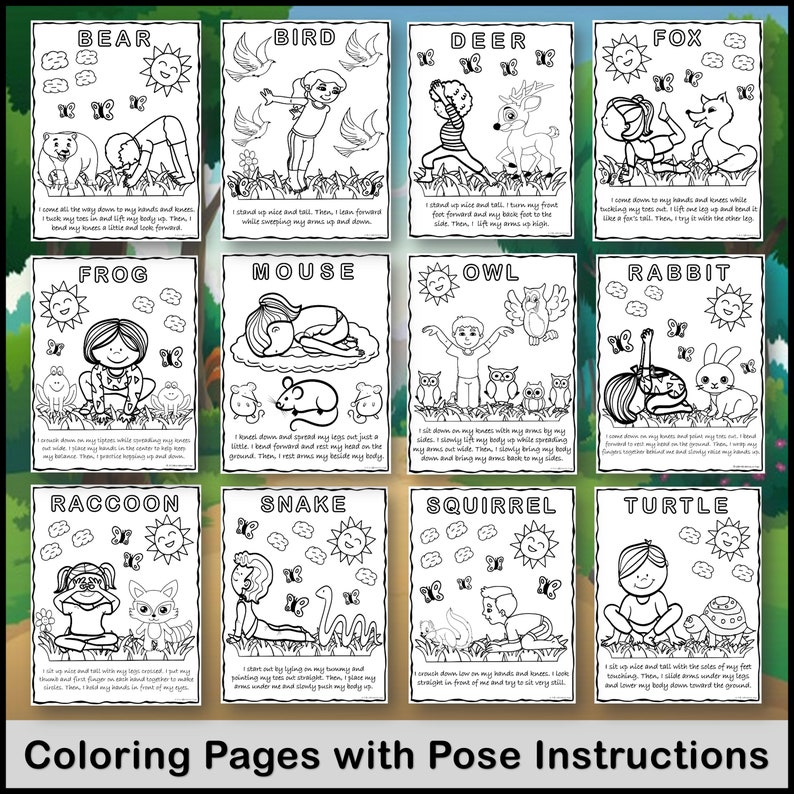 Forest Animals Kids Yoga Games and Activities Set, Coloring Pages ...