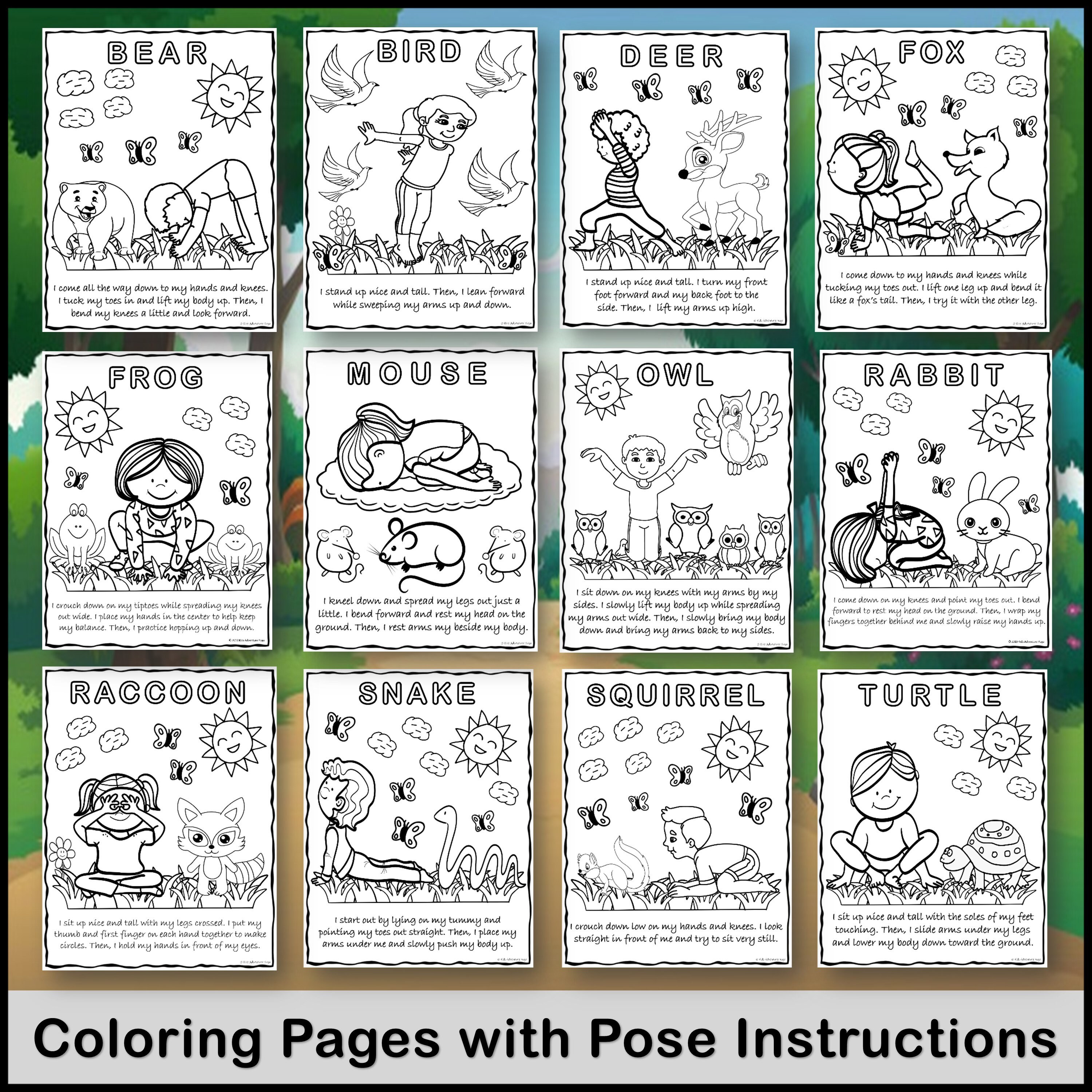 Forest Animals Kids Yoga Games and Activities Set, Coloring Pages ...