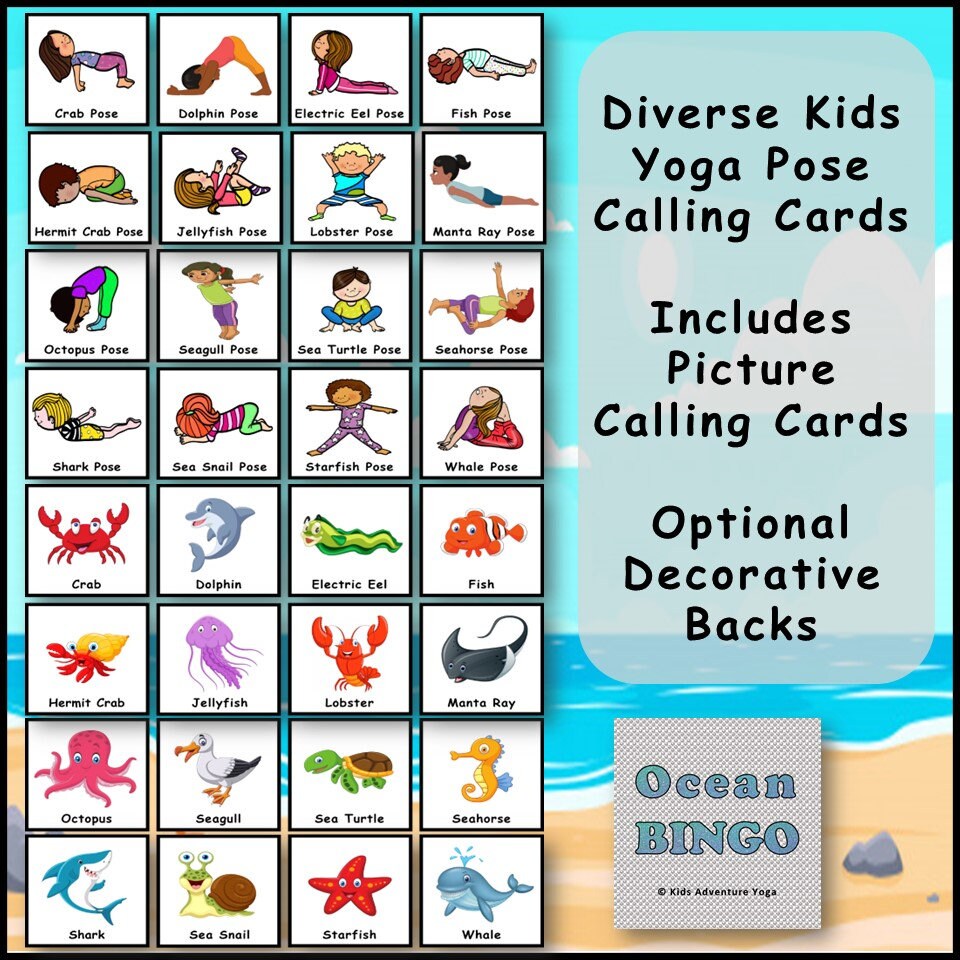 Ocean Bingo Game With Kids Yoga Poses Included for Active Movement ...
