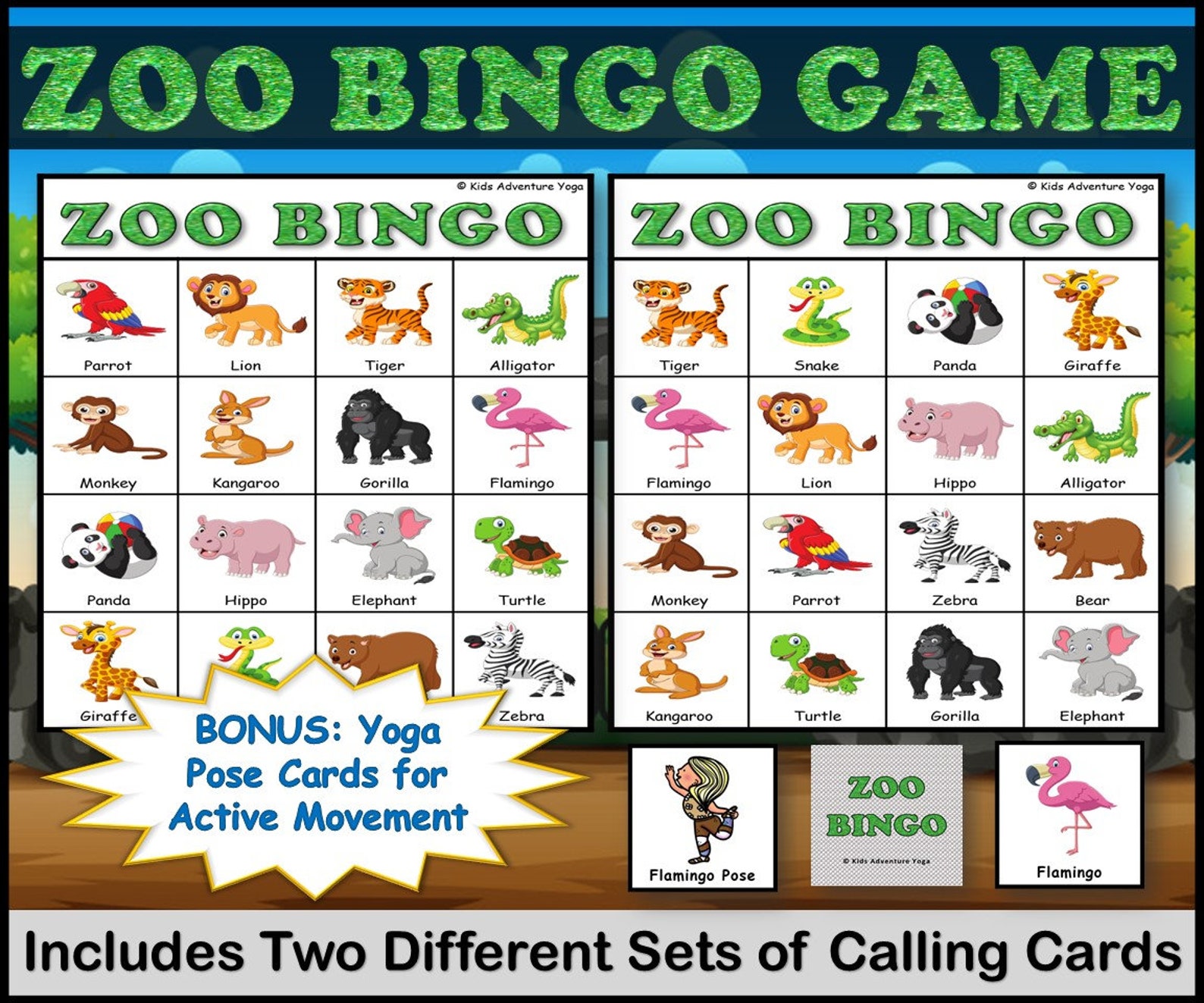 Zoo Animals Bingo Game With Kids Yoga Poses Included for Active ...