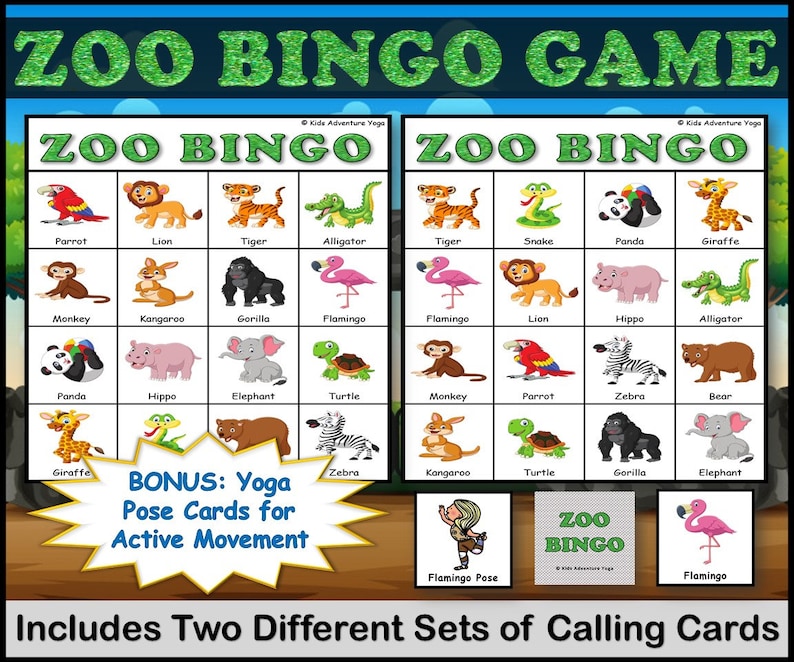 Zoo Animals Bingo Game With Kids Yoga Poses Included for Active ...