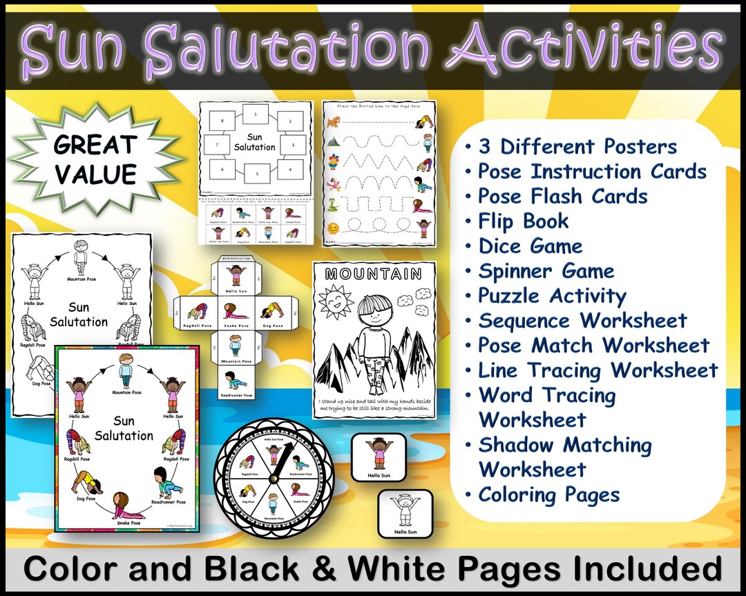 Sun Salutation Kids Yoga Games Activities Set, Coloring Pages, Dice ...