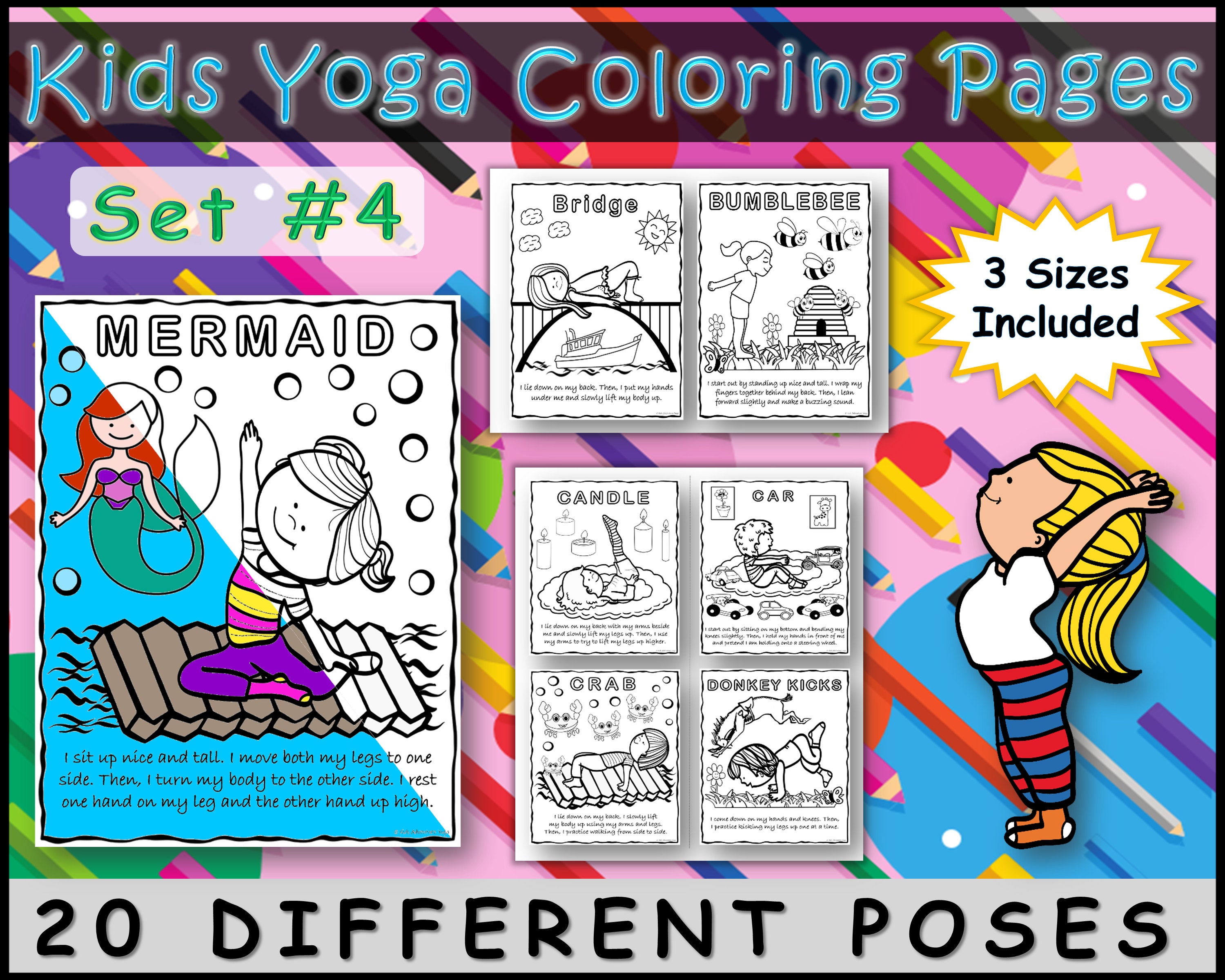 Kids Yoga Pose Coloring Pages Set, Mindfulness Coloring Posters, Calm ...