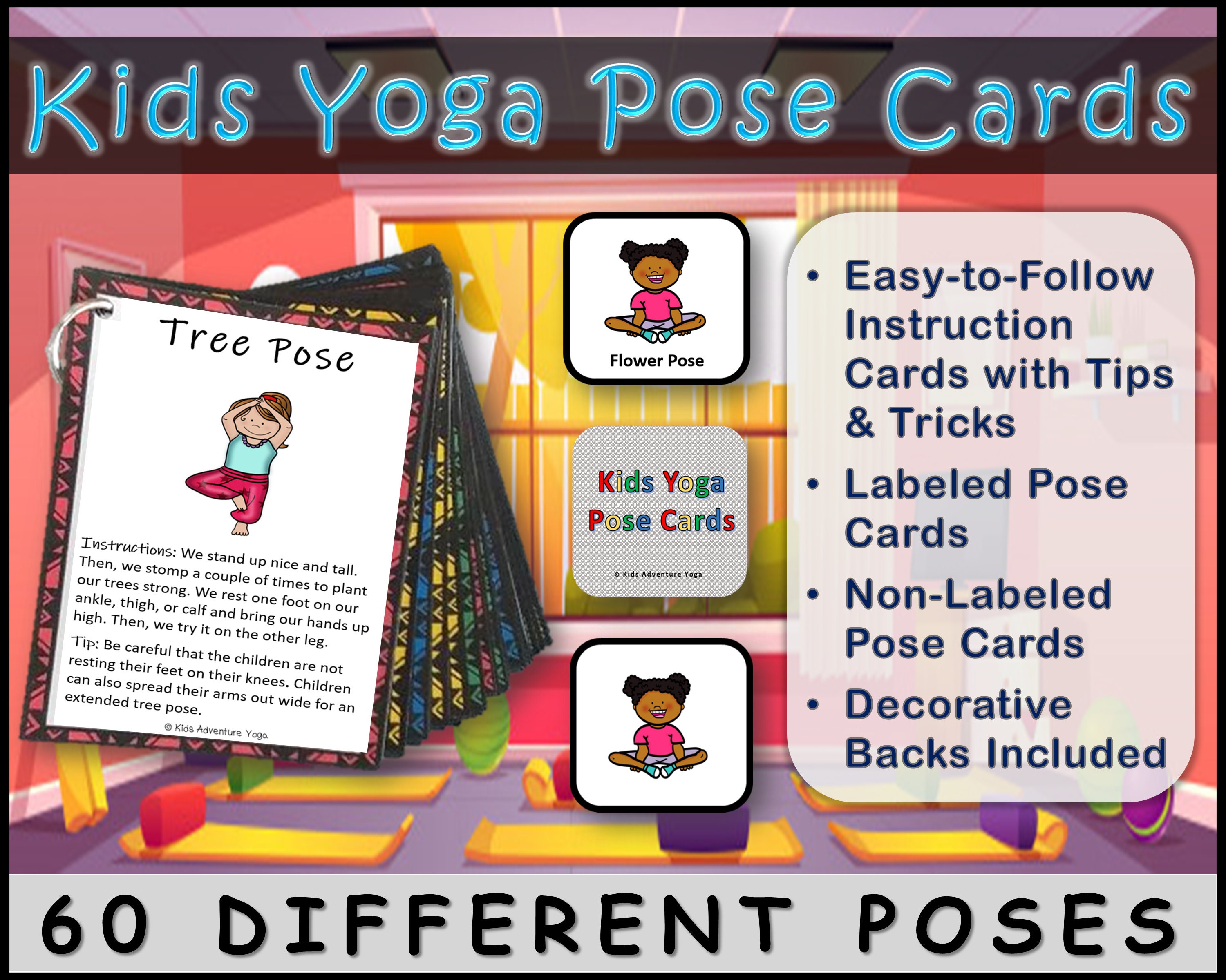 Kids Yoga Pose Cards, 60 Different Poses, Diverse Clip Art, Easy-to ...