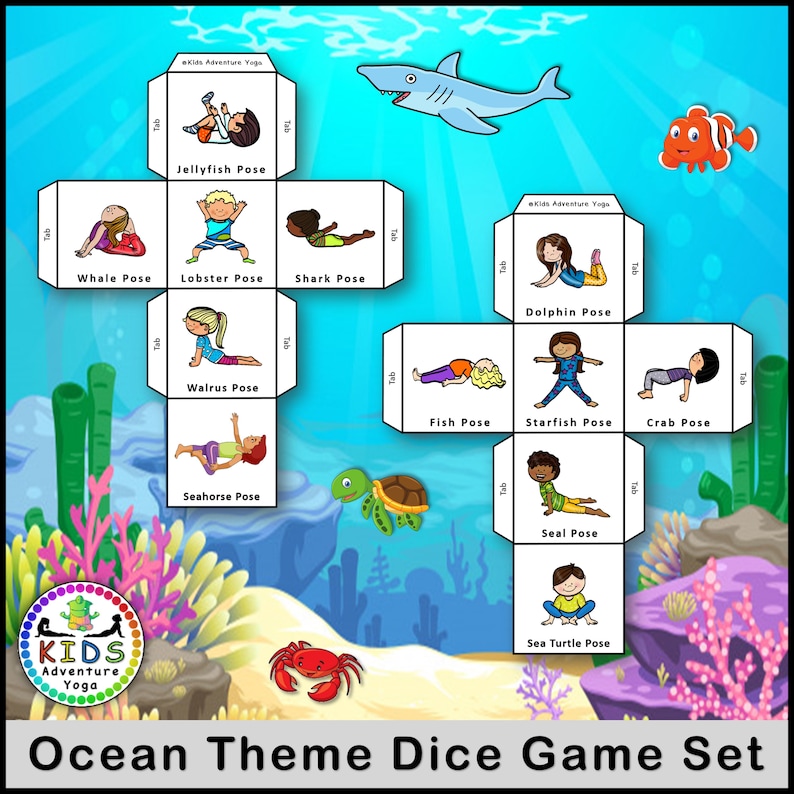Ocean Kids Yoga Games and Activities Set, Coloring Pages, Spinner Game ...