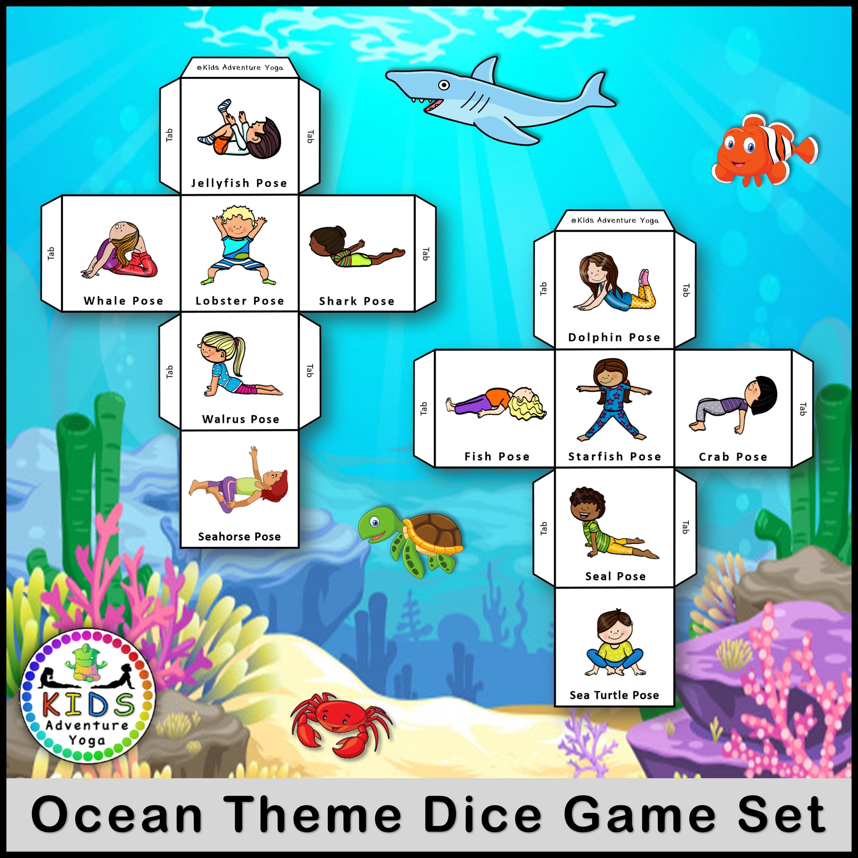 Ocean Kids Yoga Games and Activities Set, Coloring Pages, Spinner Game ...