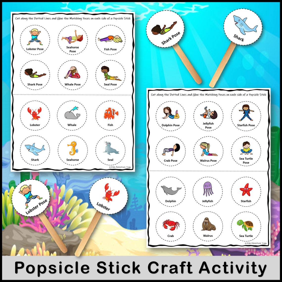 Ocean Kids Yoga Games and Activities Set, Coloring Pages, Spinner Game ...