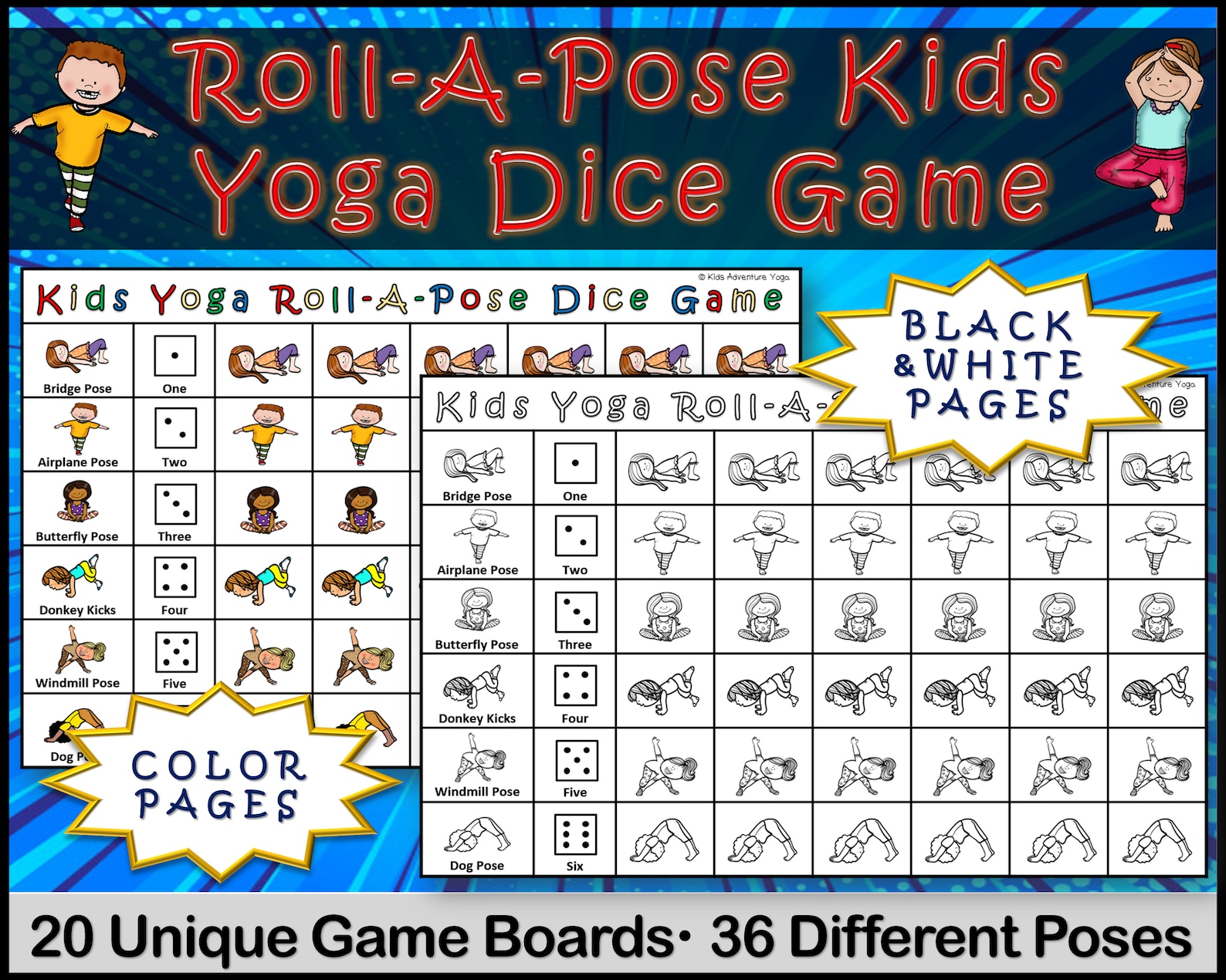 Kids Yoga Dice Game, 36 Different Poses, Fitness Game, Kids Yoga Class ...