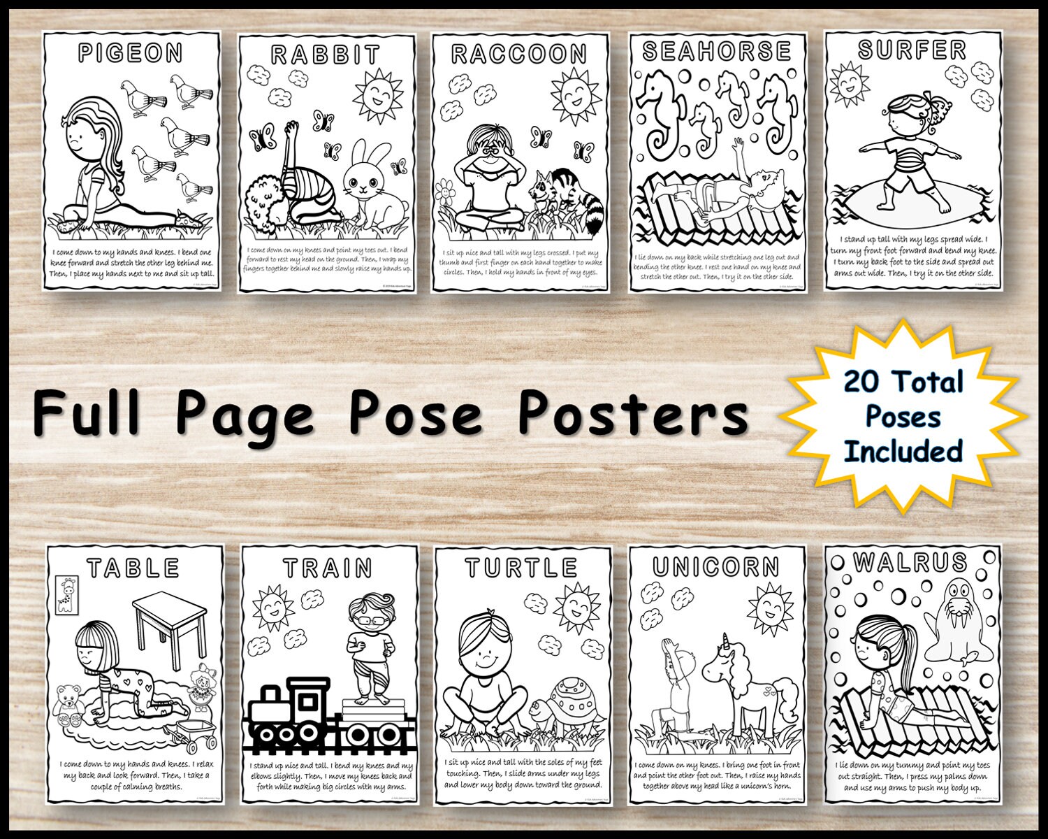 Kids Yoga Pose Coloring Pages Set, Mindfulness Coloring Posters, Calm ...