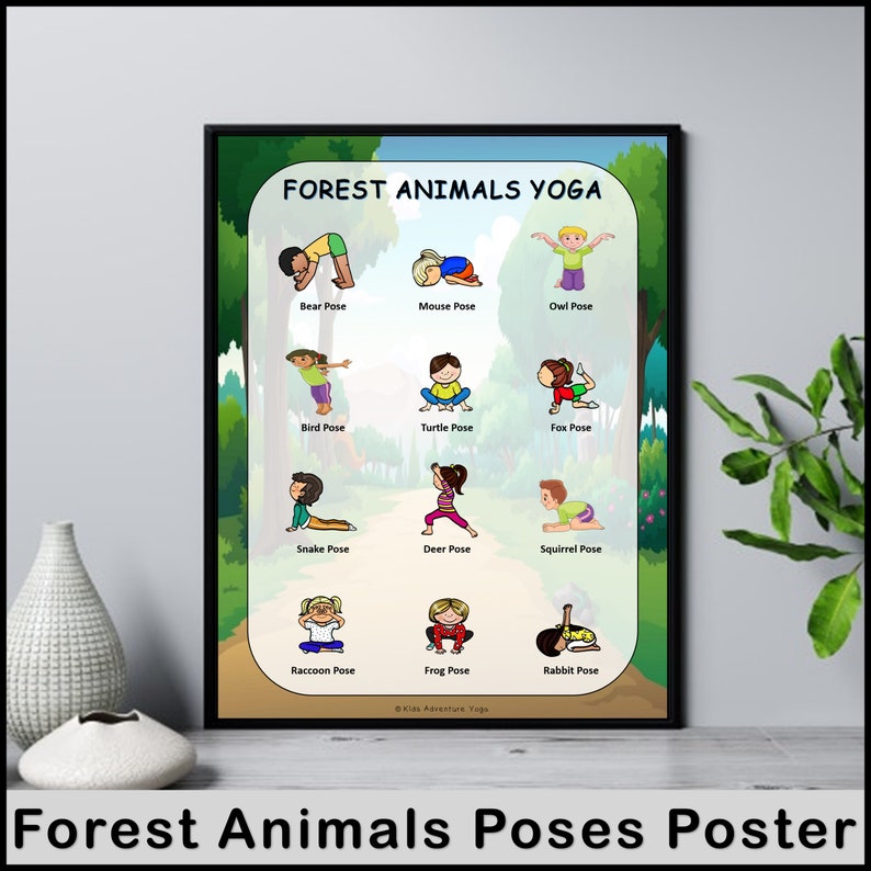 Forest Animals Kids Yoga Games and Activities Set, Coloring Pages ...