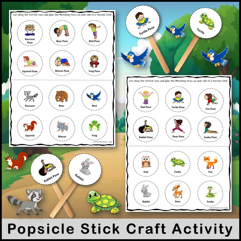 Forest Animals Kids Yoga Games and Activities Set, Coloring Pages ...