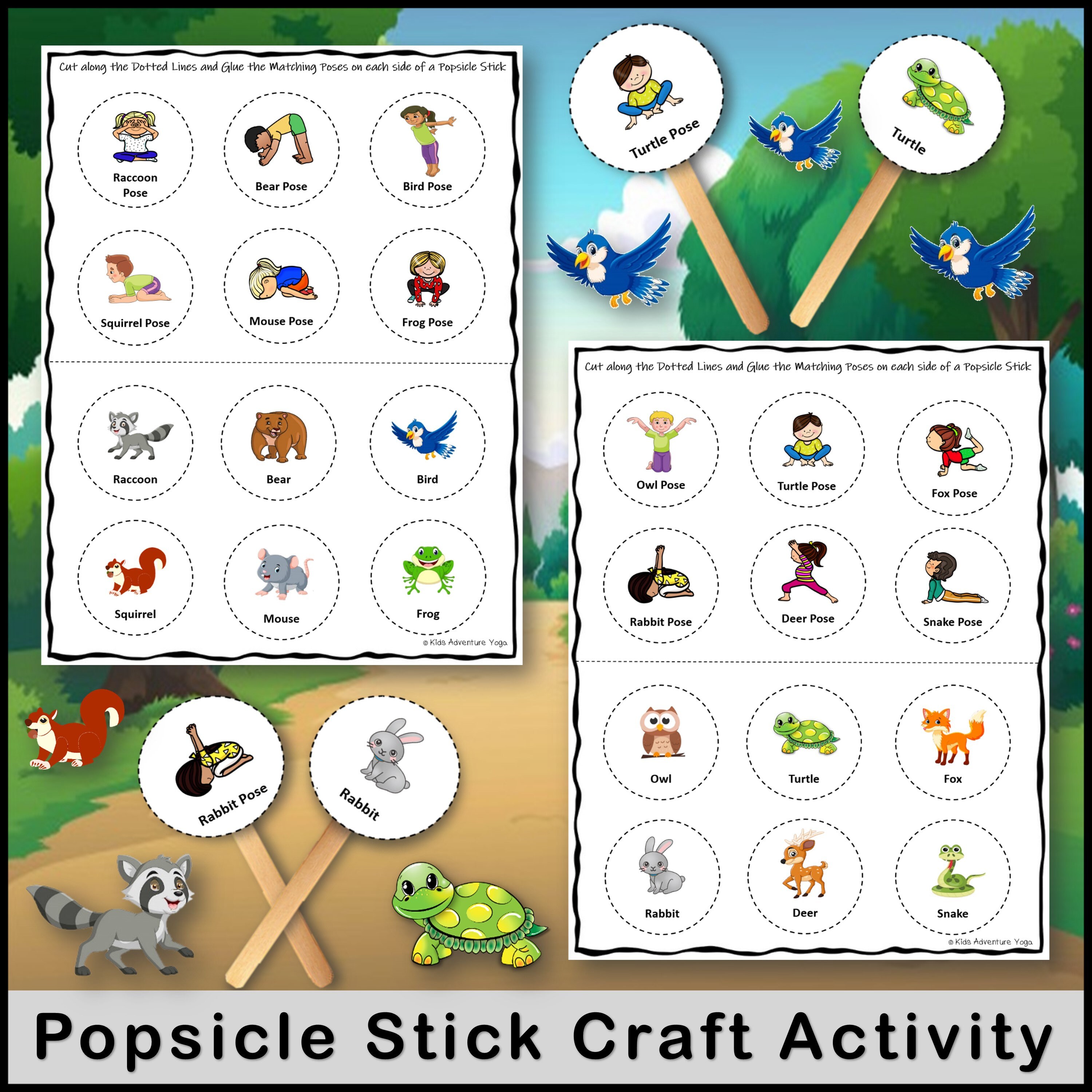 Forest Animals Kids Yoga Games and Activities Set, Coloring Pages ...