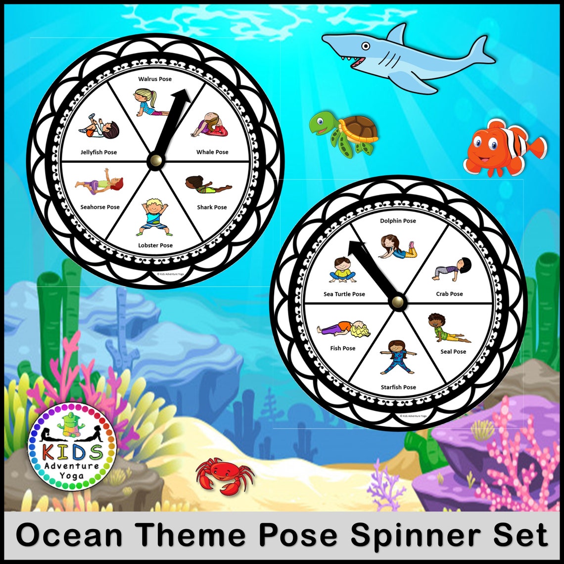 Ocean Kids Yoga Games and Activities Set, Coloring Pages, Spinner Game ...